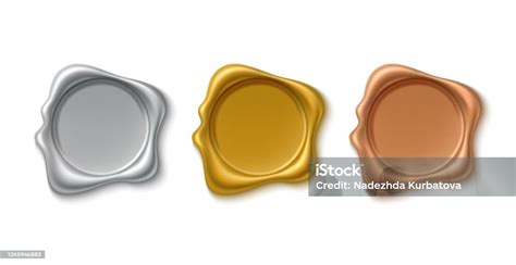 황금 왁스 스탬프 사실적인 골드 실버 및 브론즈 빈티지 라운드 보증 각인 복고풍 빈 품질의 왁싱 배지 모형 프리미엄 품질의 엠블럼 로얄 레터 봉투 씰 벡터 세트 인장에 대한