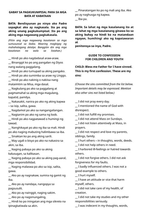 Gabay Sa Pagkukumpisal Para Sa Mga Bata At Kabataan Docx