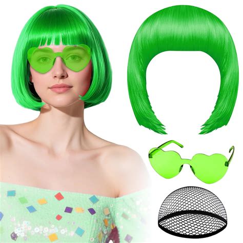 Huvbnawq Grass Green Bob Wig With Heart Sunglasses Hair Cap Colorful