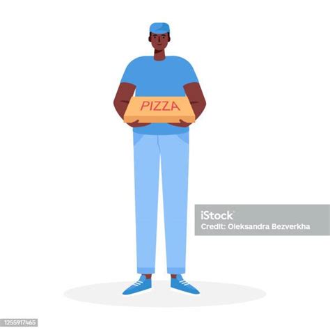 배달 주문 안에 피자와 골판지 상자를 들고 피자 배달 남자 빠른 택배 레스토랑 음식 서비스 만화 플랫 스타일의 벡터 일러스트레이션 검은색에 대한 스톡 벡터 아트 및 기타