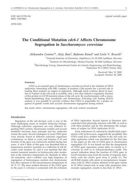Pdf The Conditional Mutation Cdc6 1 Affects Chromosome Segregation In