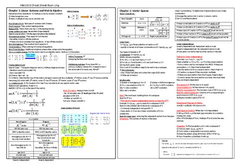Ma1513 Cheat Sheet Trivial Solution When Subbing In 0 Solves All Equations Non Trivial
