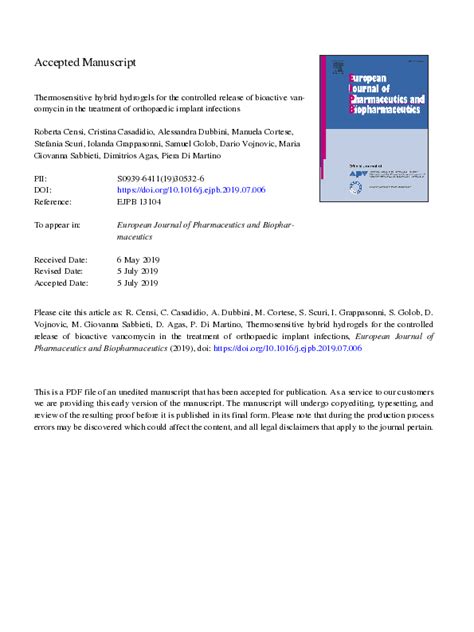 Pdf Thermosensitive Hybrid Hydrogels For The Controlled Release Of Bioactive Vancomycin In The