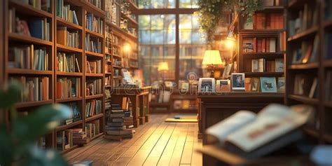 Cozy Bookstore With Wooden Bookshelves And Warm Lighting For Literary
