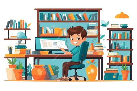 Young Boy Working At Computer Flat Vector Illustration Premium Ai