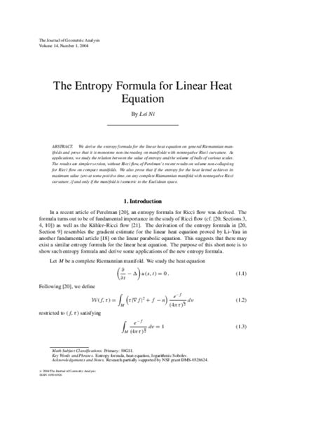 Pdf The Entropy Formula For Linear Heat Equation Lei Ni
