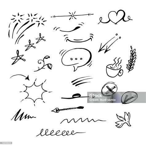 디자인 요소의 벡터 손으로 그린 컬렉션입니다 곱슬 스위시 급습 소용돌이 화살표 심장 사랑 왕관 꽃 별 불꽃 놀이 하이라이트 텍스트 및 강조 요소 개념 설계에 사용 그래피티에