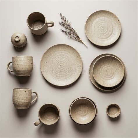 A Collection Of Minimalist Stoneware Dishes And Mugs Arranged On A
