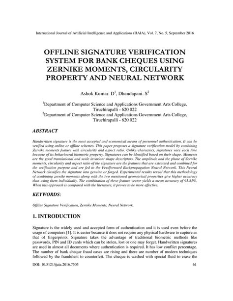 offline signature verification system for bank cheques using zernike