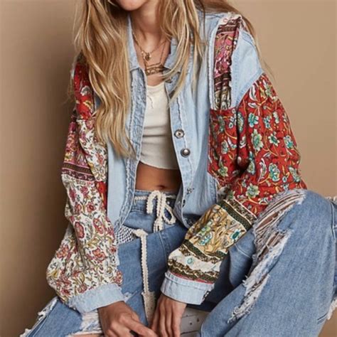 Pol Tops Pol Light Wash Denim Patchwork Button Down Bohemian Shirt