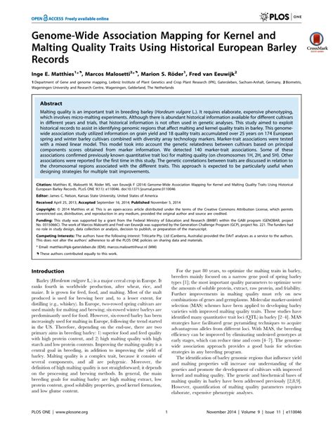 Pdf Genome Wide Association Mapping For Kernel And Malting Quality