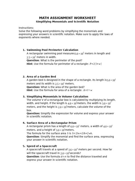 Simplifying Monomials In Word Problems Pdf Area Length