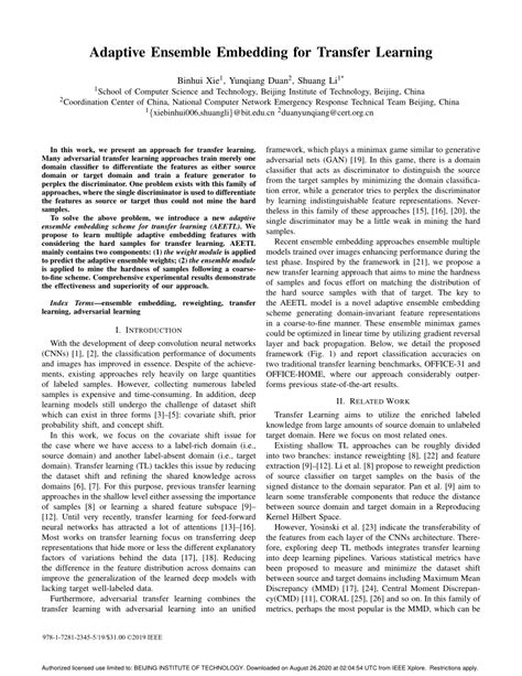 Pdf Adaptive Ensemble Embedding For Transfer Learning
