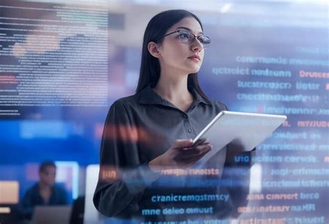Premium Ai Image Young Woman Programmer Stands In Front Of Large Screen With Code And Holds