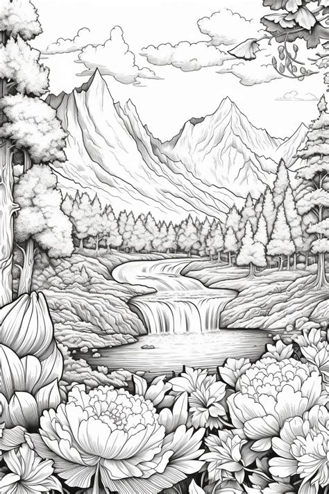 Un Dibujo De Una Escena De Montaña Con Una Cascada Y Flores Generativas