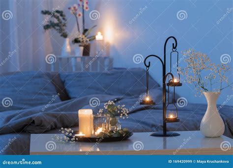 Candlestick With Burning Candles In Bedroom Stock Image Image Of Cozy