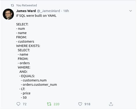 If Sql Were Build On Yaml Rprogrammerhumor
