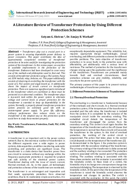 Pdf Irjet A Literature Review Of Transformer Protection By Using