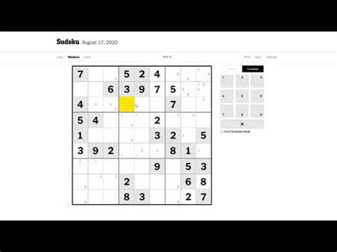 New York Times Medium Sudoku 17 08 2020 Youtube