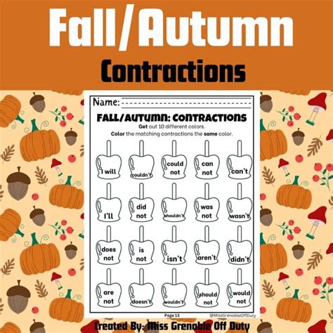 Fall And Autumn Worksheet Activity Contractions 1st 2nd Grade