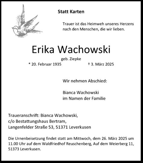 Traueranzeigen Von Erika Wachowski Wirtrauern