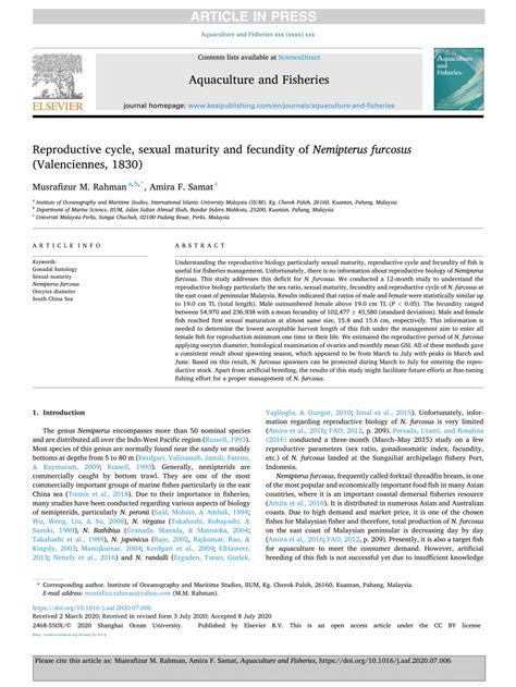 Pdf Reproductive Cycle Sexual Maturity And Fecundity Of Nemipterus Furcosus Valenciennes