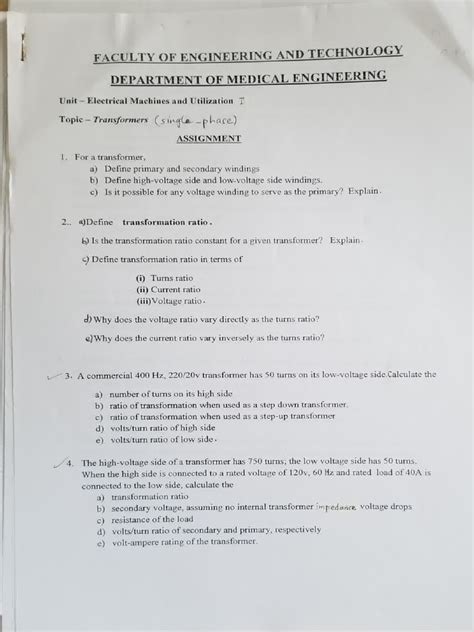 Electrical Machines 1 Assignments Pdf Transformer Mains Electricity