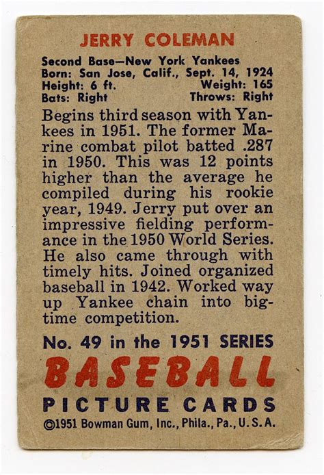 Lot Baseball Card Jerry Coleman Yankees 1951