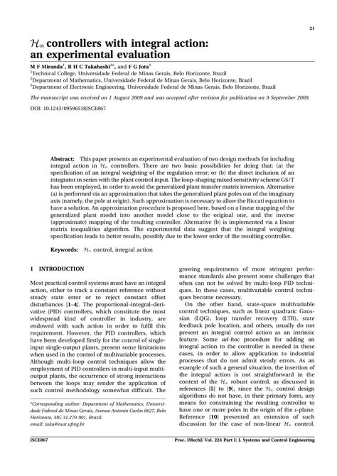 Pdf H Infinity Controllers With Integral Action An Experimental