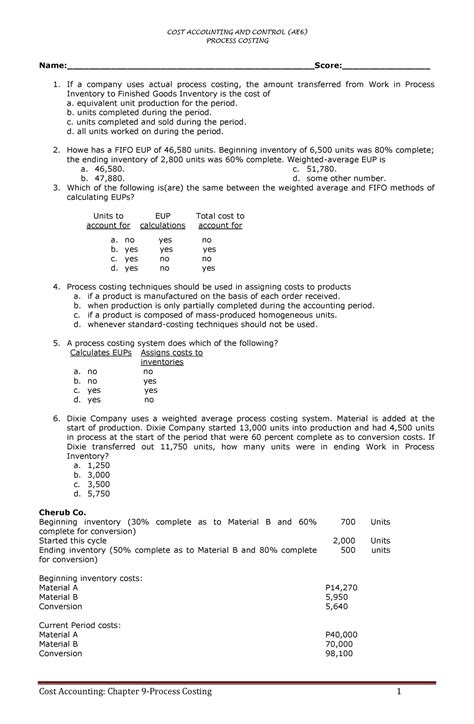Quiz Assignment Process Costing Cost Accounting And Control Ae6
