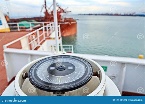 A Gyrocompass Card Or Compass Rose Of Repeater In Detail View Installed On The Bridge Of Cargo