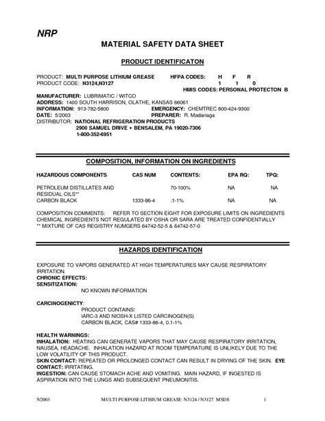 Multi Purpose Lithium Grease Msds Download