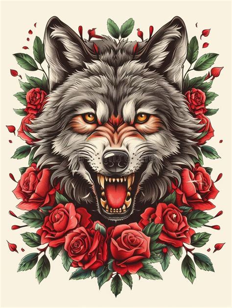 Dark Gothic Wolf Design With Roses In A Decorative Floral Arrangement Stock Illustration