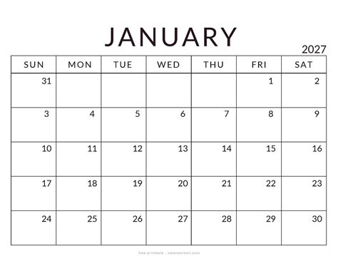 January 2027 Calendar Templates Free Printable Pdfs