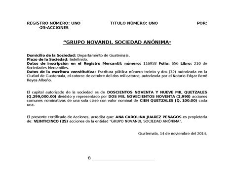 Tutilos De Acciones Nominativas Registro NÚmero Uno Titulo NÚmero