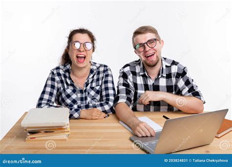 Nerds Geek Bespectacled And Funny People Concept Funny Babe Couple In Glasses Sitting At