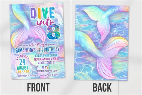 8th Birthday Mermaid Pool Party Invitation Dive Into 8 Swim 5x7 4x6