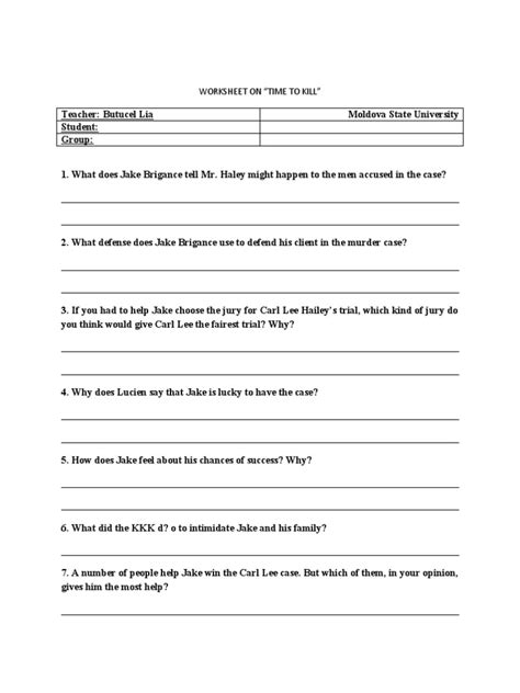 A Time To Kill Worksheet Pdf Criminal Law Justice