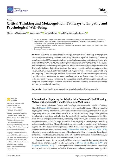 Pdf Critical Thinking And Metacognition Pathways To Empathy And Psychological Well Being