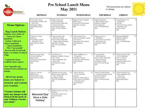 Preschool Lunch Menu Ideas Daycare Info School Lunch Menu Lunch For