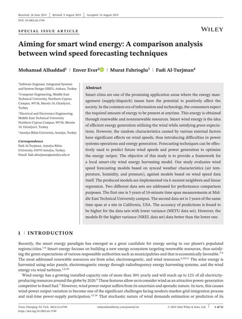 Aiming For Smart Wind Energy A Comparison Analysis Between Wind Speed Forecasting Techniques