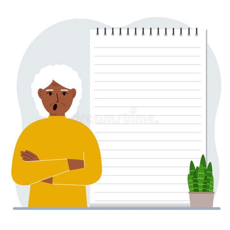 A Old Woman Next To A Large Notepad Or Large Notebook The Concept Of Filling A Notebook Or