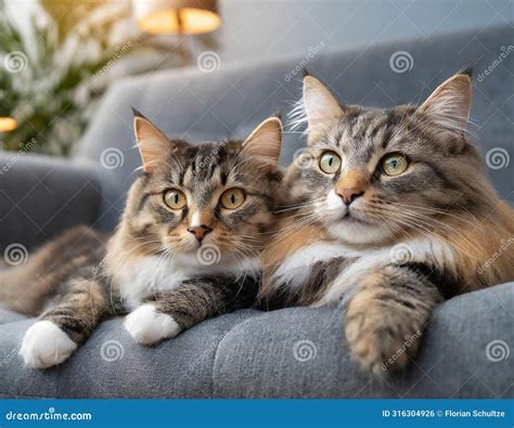 Close Up Of Two Adorable Cats With Striking Eyes Lying On A Couch Stock
