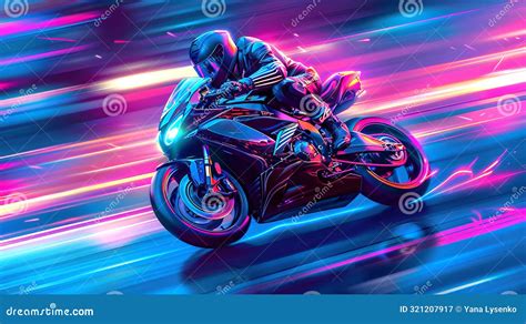 Neon Lit Motorcycle In Road Tunnel With Speed Recursive Effect Black