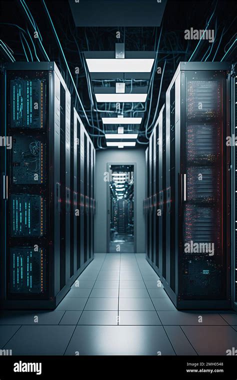 Networking Devices Of Rack In Room With Big Data Cyber Internet Content Neon Light Cloud