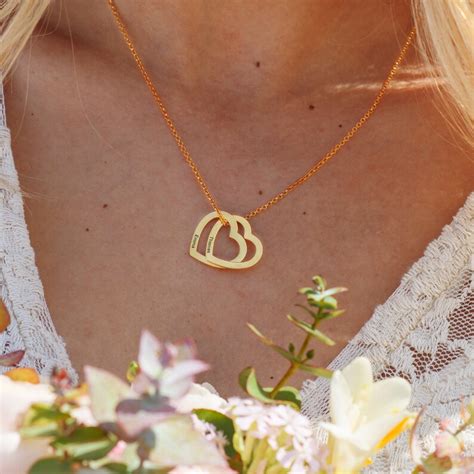 Custom Engraved Two Interlocking Hearts Gold Pendant Necklace Etsy