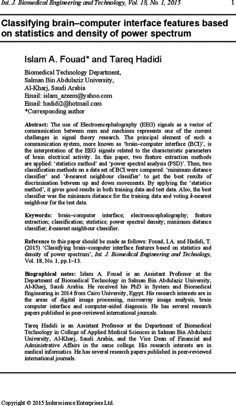 Pdf Classifying Brain Computer Interface Features Based On Statistics