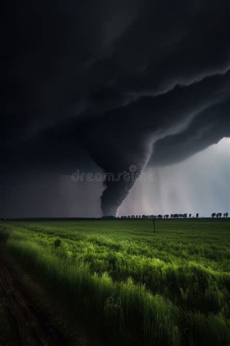 Huge Tornado Swirling Over Field Created Using Generative Ai