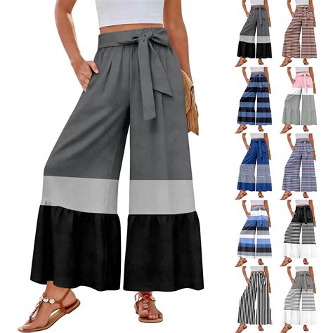 Womens Bohemian Print Wide Leg Pants High Waisted Ties Ruffle Hem