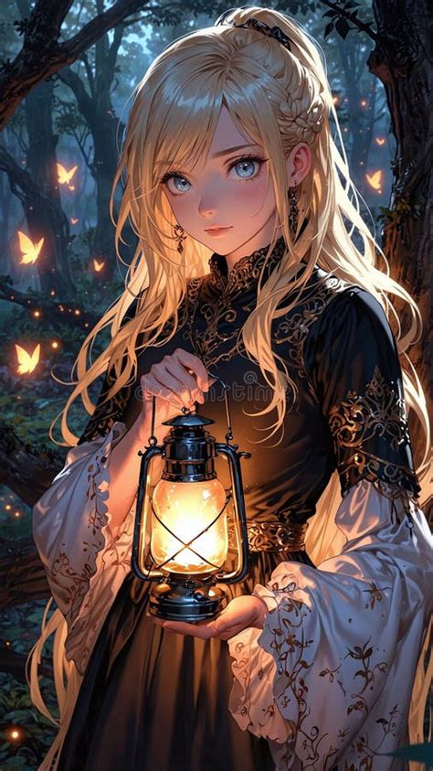 Beautiful Anime Girl With Long Blonde Hair Holding A Lantern In A Misty